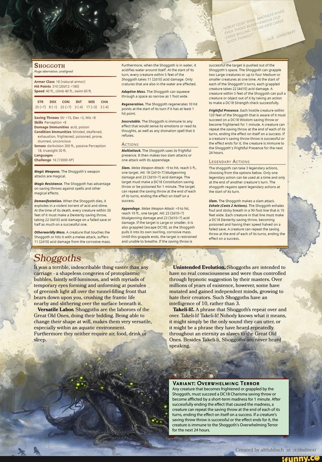 SHOGGOTH Huge oberration, unoligned Armor Class 18 (natural armor) Hit ...