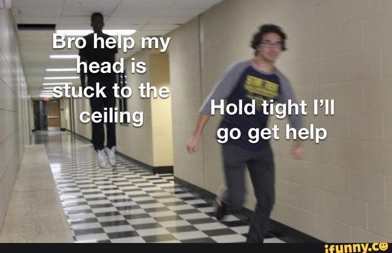 Bro help my -head is Stuck to the ceiling Hold tight Pll go get help ...