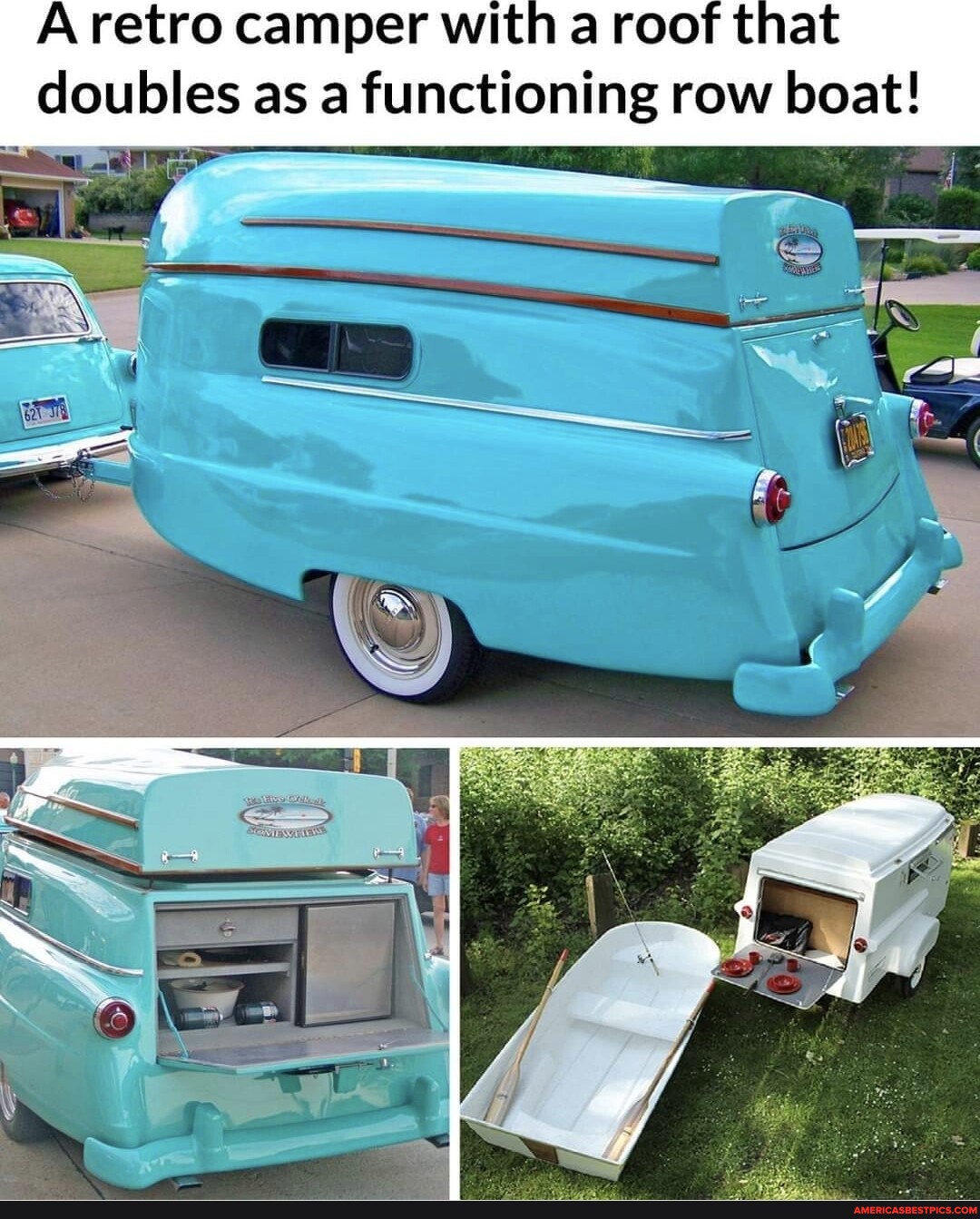 A retro camper with a roof that doubles as a functioning row boat ...
