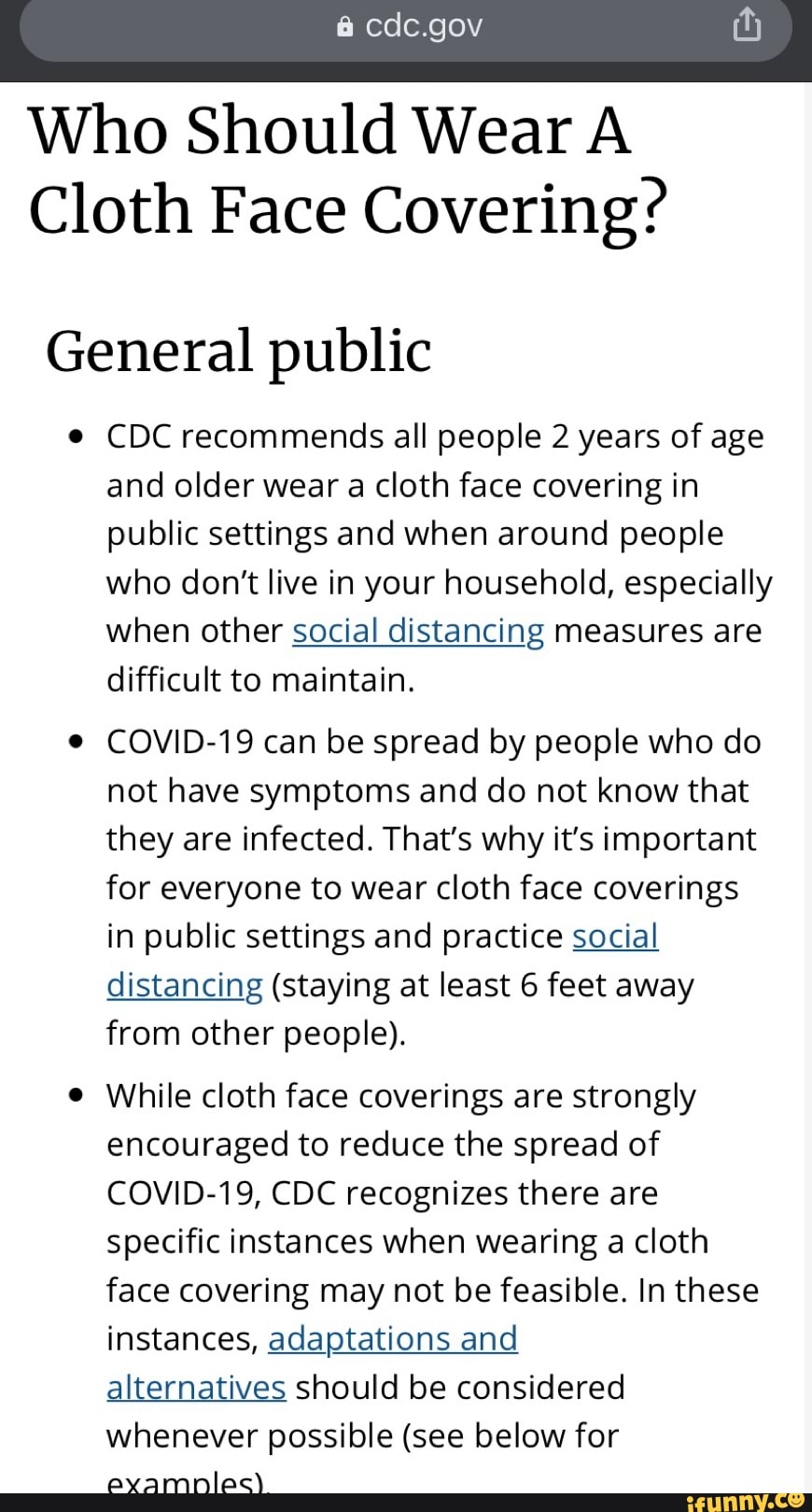 Who Should Wear A Cloth Face Covering? General public e CDC recommends ...