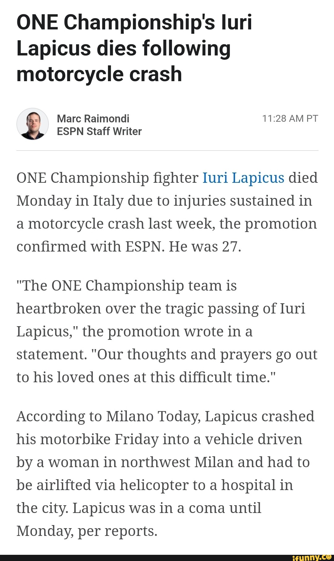 ONE Championship's luri Lapicus dies following motorcycle crash Marc ...
