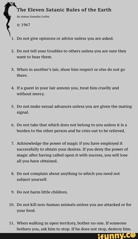 10. The Eleven Satanic Rules of the Earth by Anton Seandor tavey 1967 ...