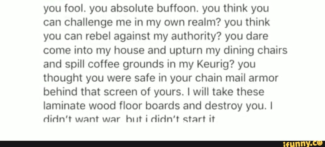 You fool. you absolute buffoon. you think you can challenge me in my ...