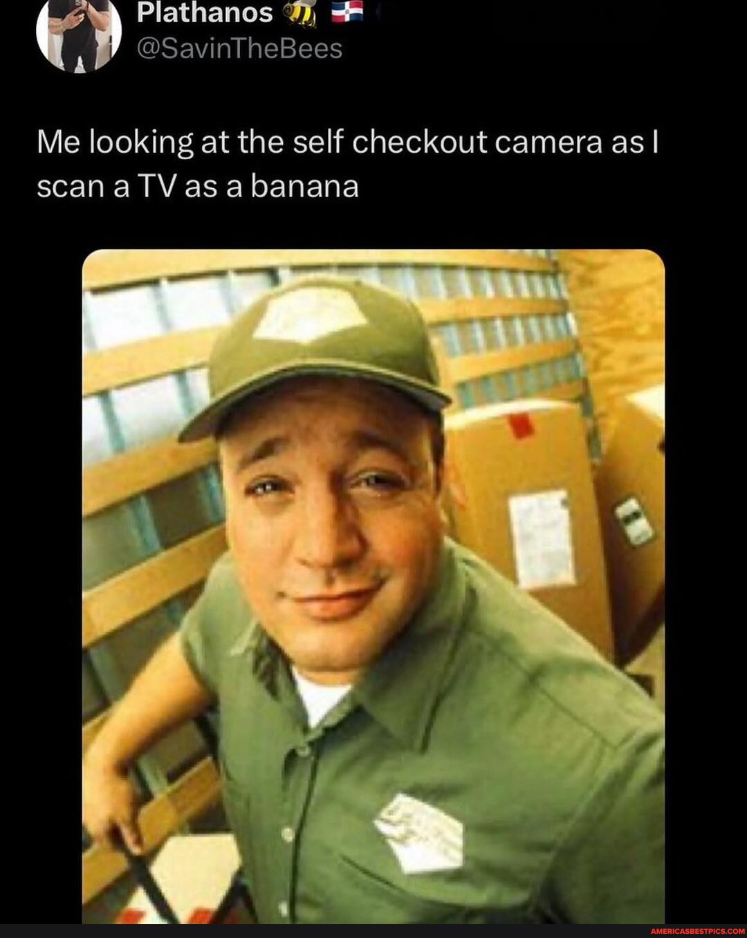 N/A - Me looking at the self checkout camera as I I scan aTV as banana ...