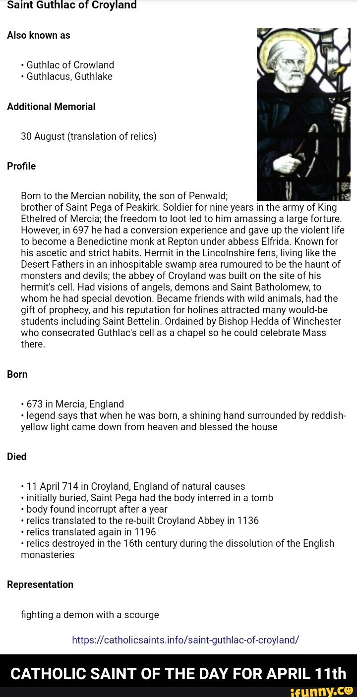 Saint Guthiac of Croyland Also known as Guthlac of Crowland Guthlacus ...