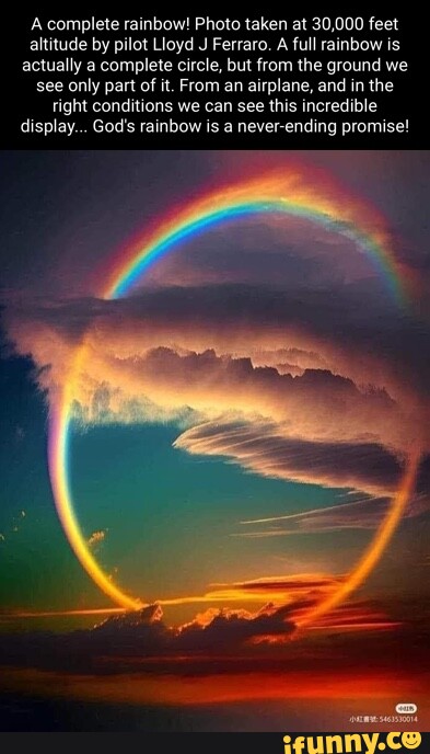A complete rainbow! Photo taken at 30,000 feet altitude by pilot Lloyd ...