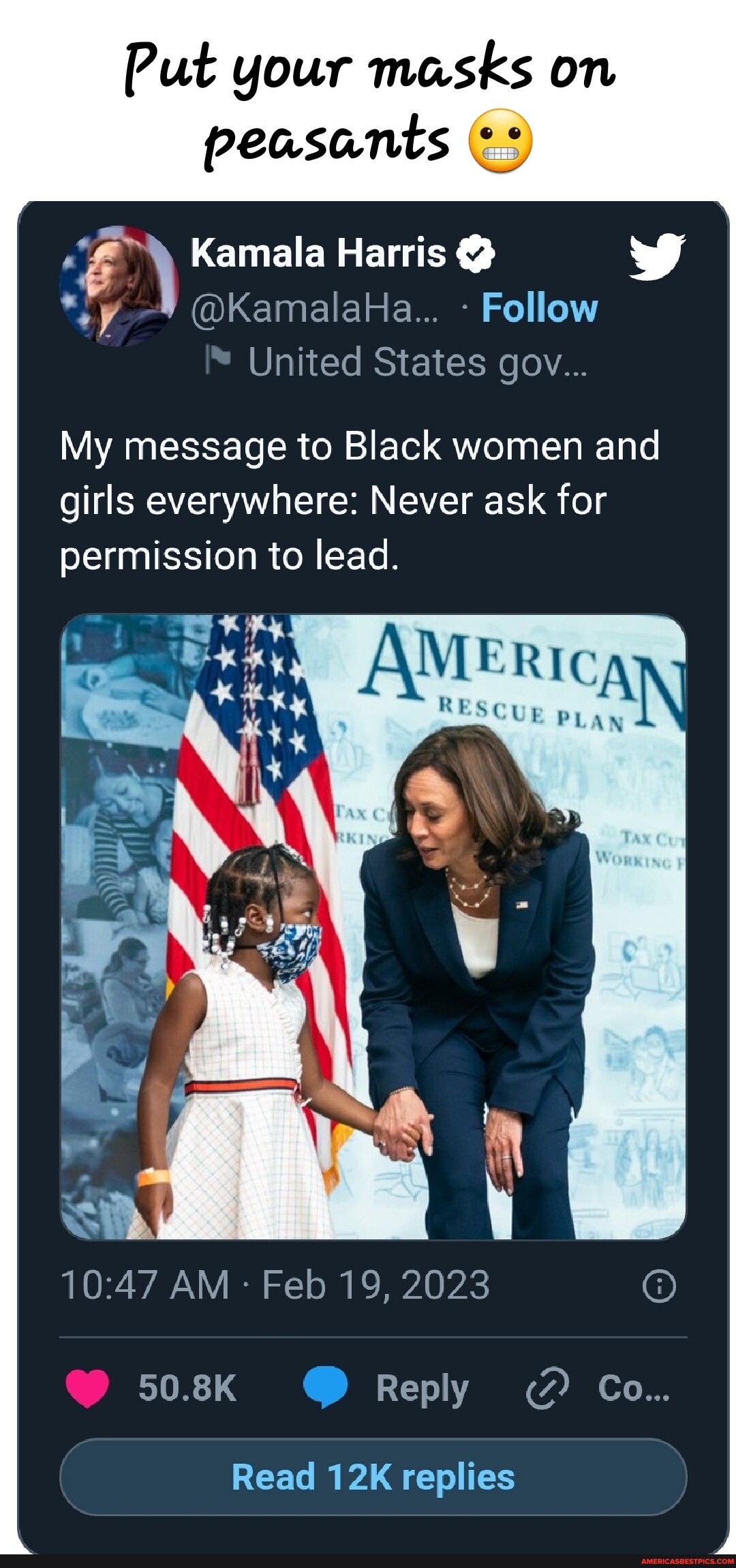 Put your masks on peasants Kamala Harris @ WW (@KamalaHa... Follow ...