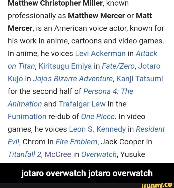 Matthew Christopher Miller, known professionally as Matthew Mercer or ...