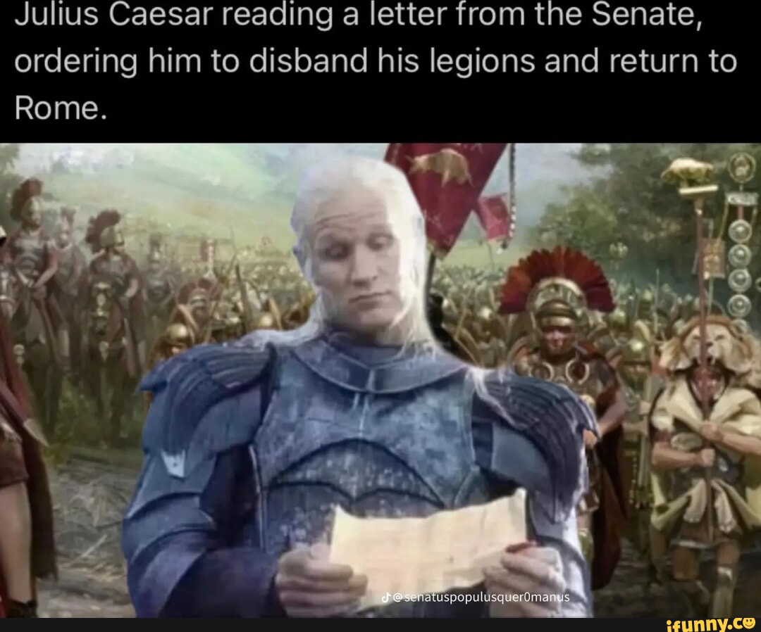 Jullus Caesar reading a letter from the Senate, ordering him to disband ...