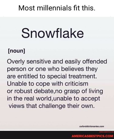 Most millennials fit this. Snowflake [noun] Overly sensitive and easily ...