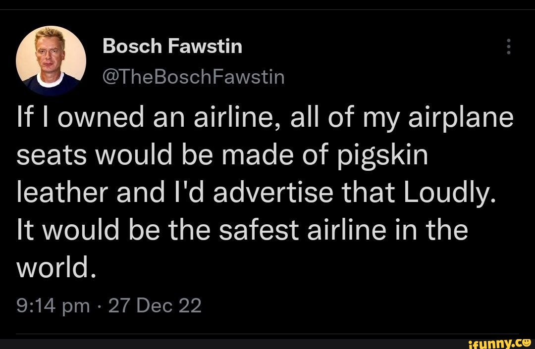 Bosch Fawstin @TheBoschFawstin If I owned an airline, all of my ...