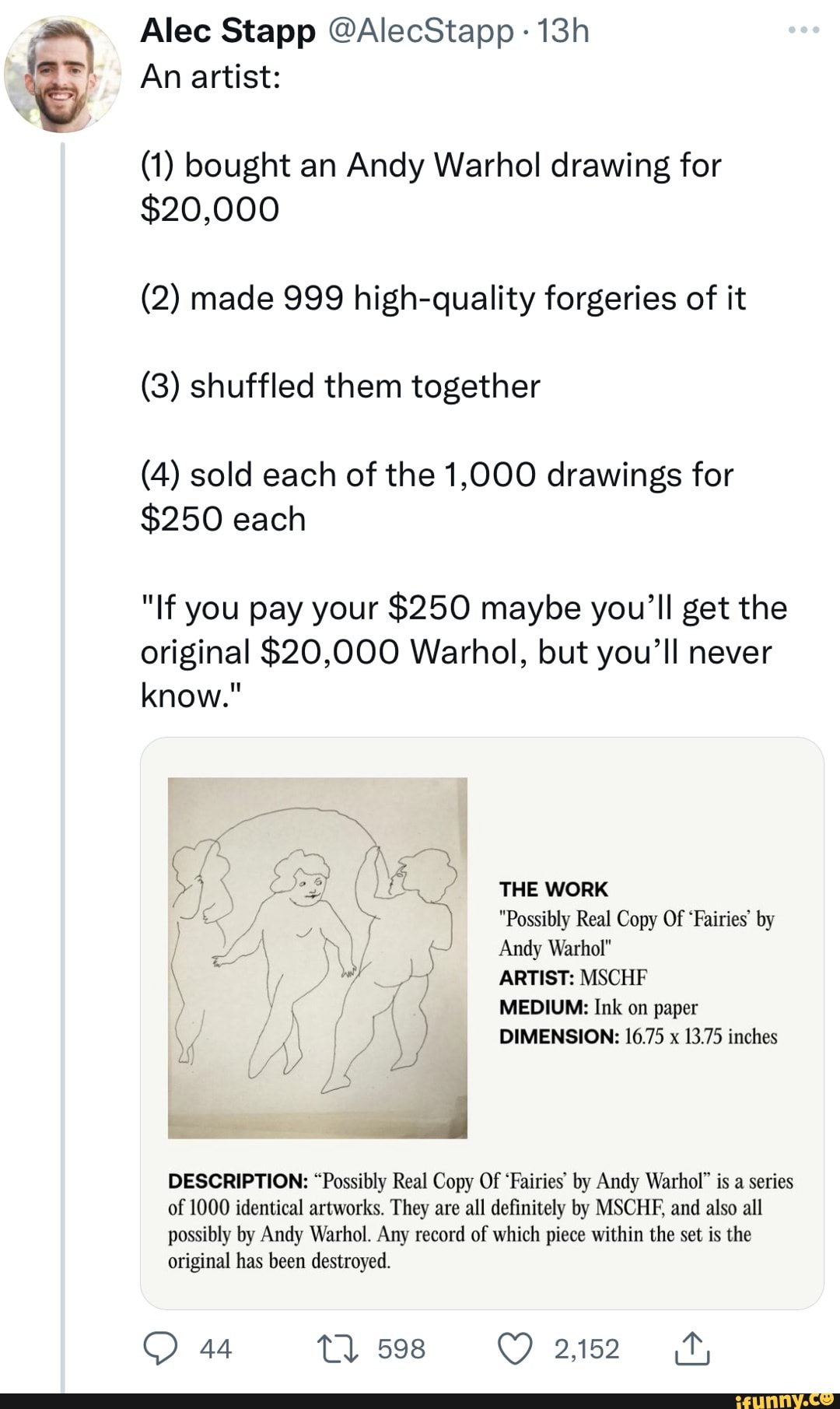 Alec Stapp @AlecStapp - An artist: (1) bought an Andy Warhol drawing ...