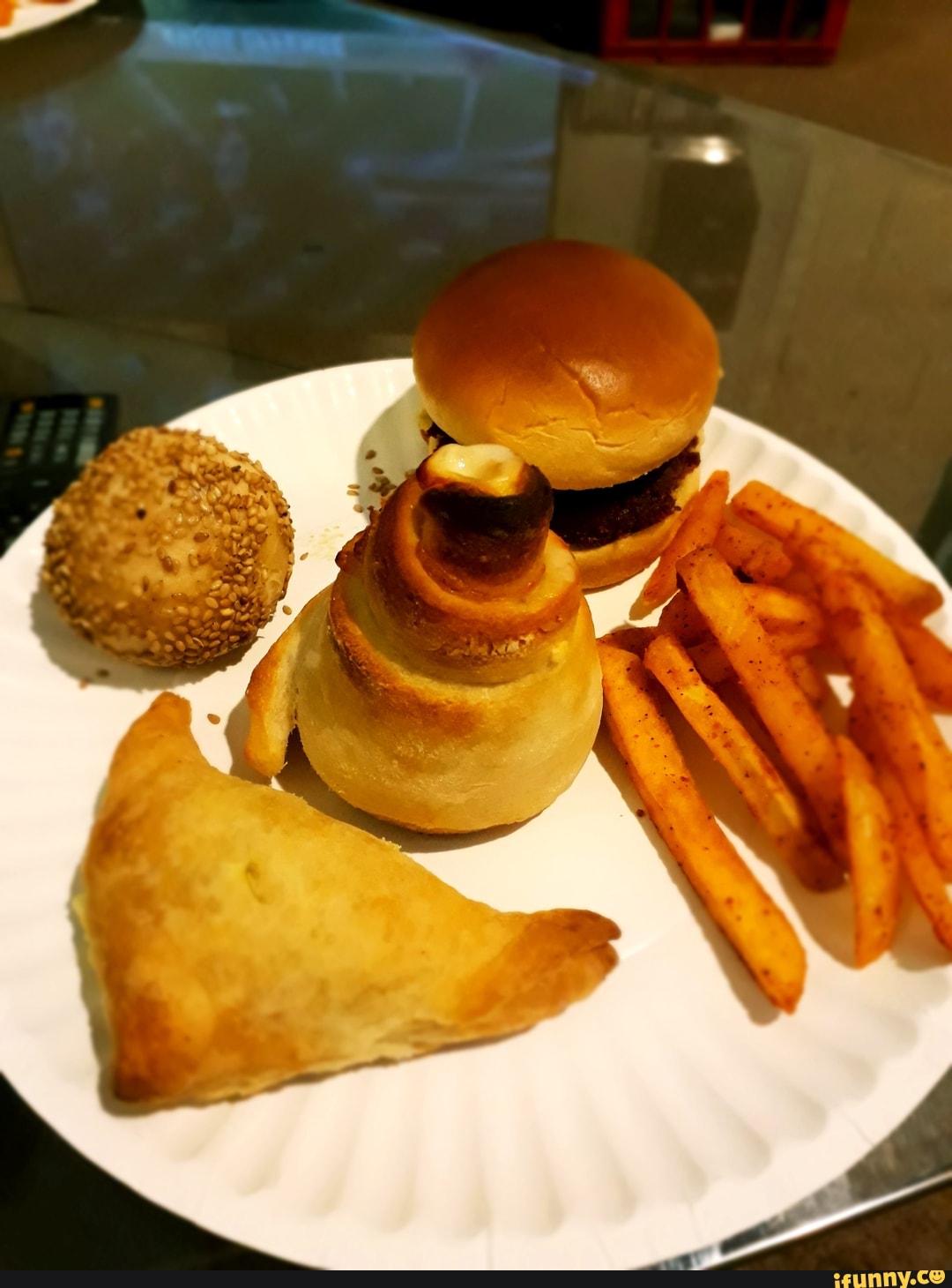 Sandy "Can-Can" Frye Super Bowl spread. Burger, fries, sesame cheddar ...
