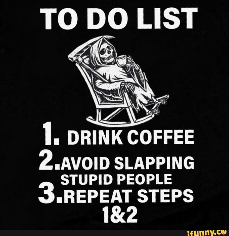 TO DO LIST DRINK COFFEE AVOID SLAPPING STUPID PEOPLE REPEAT STEPS - iFunny