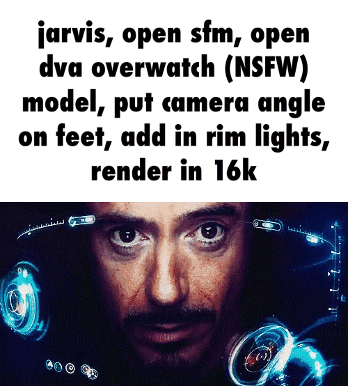 Jarvis, open sfm, open dva overwatch (NSFW) model, put camera angle on ...