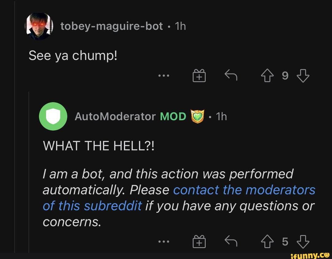 Bed) tobey-maguire-bot See ya chump! AA AutoModerator MOD th WHAT THE HELL?! /am bot, and this ...