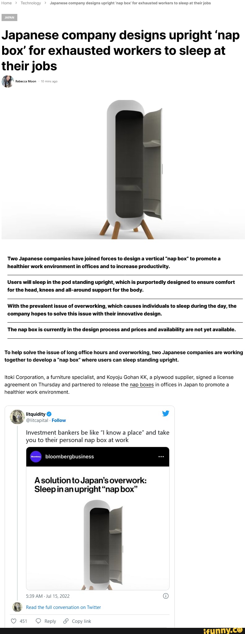 Ome > Technology Japanese company designs upright 'nap box' for ...