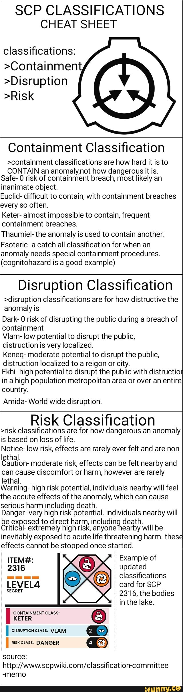 SCP CLASSIFICATIONS CHEAT SHEET classifications: >Containmen ...