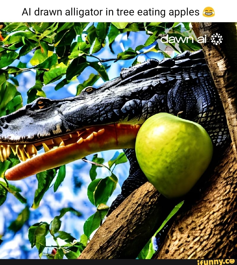 Al drawn alligator in tree eating apples - iFunny