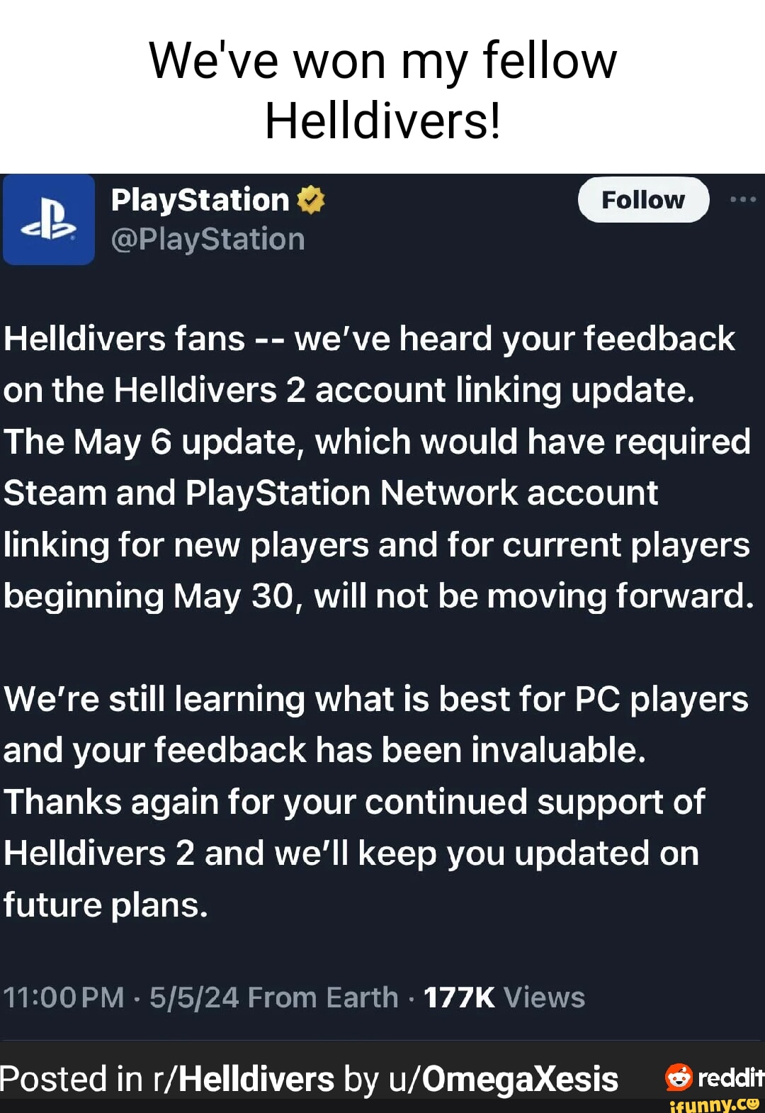 We've won my fellow Helldivers! PlayStation @ Follow @PlayStation Helldivers fans we've heard ...