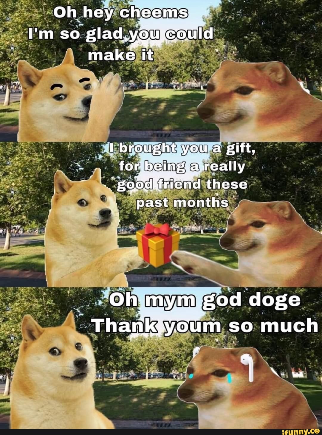 Oh hey cheems I'm so glad,you could make it brought you a gift, for ...