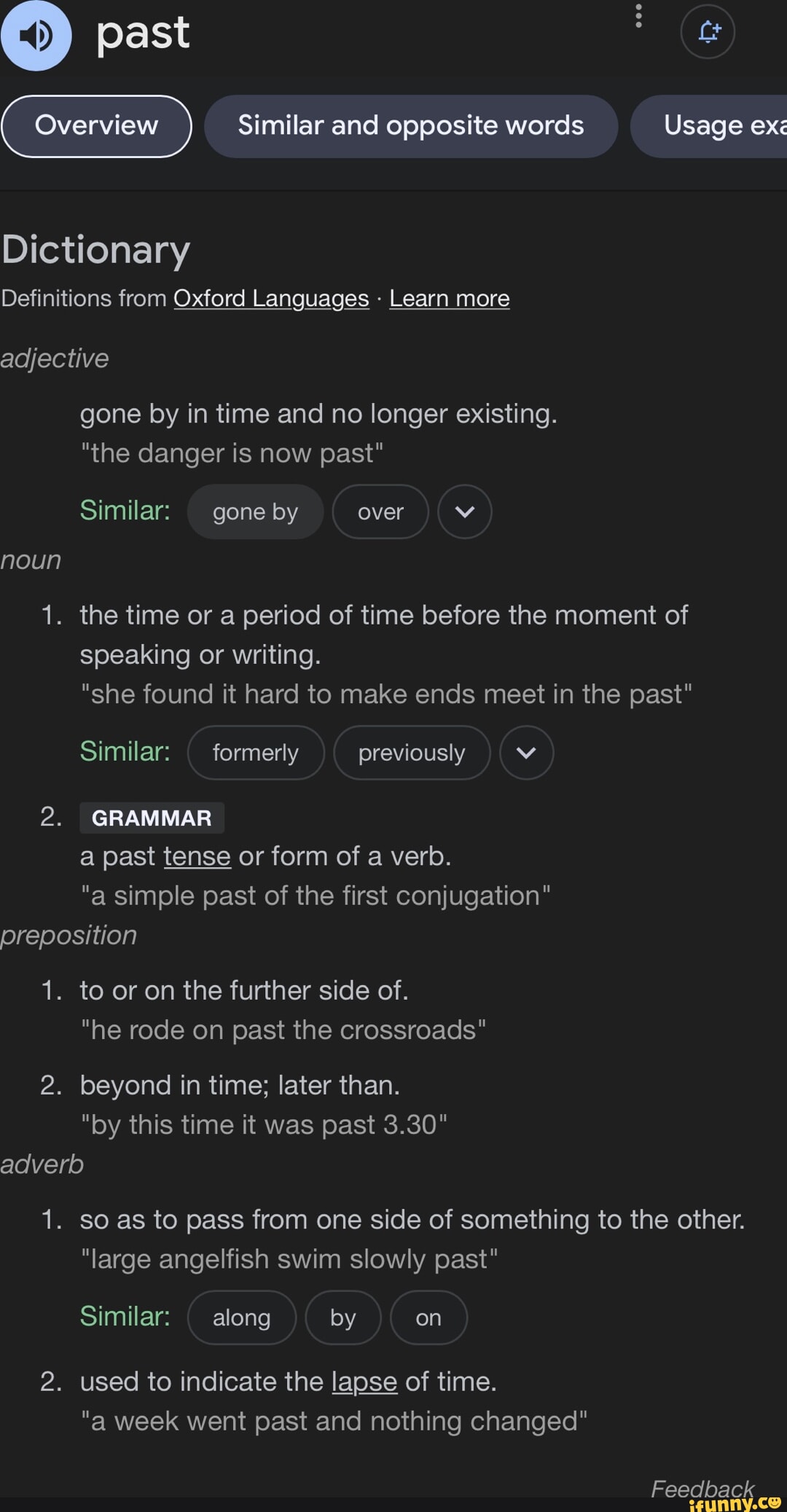 Past Overview Similar and opposite words Usage exe Dictionary ...