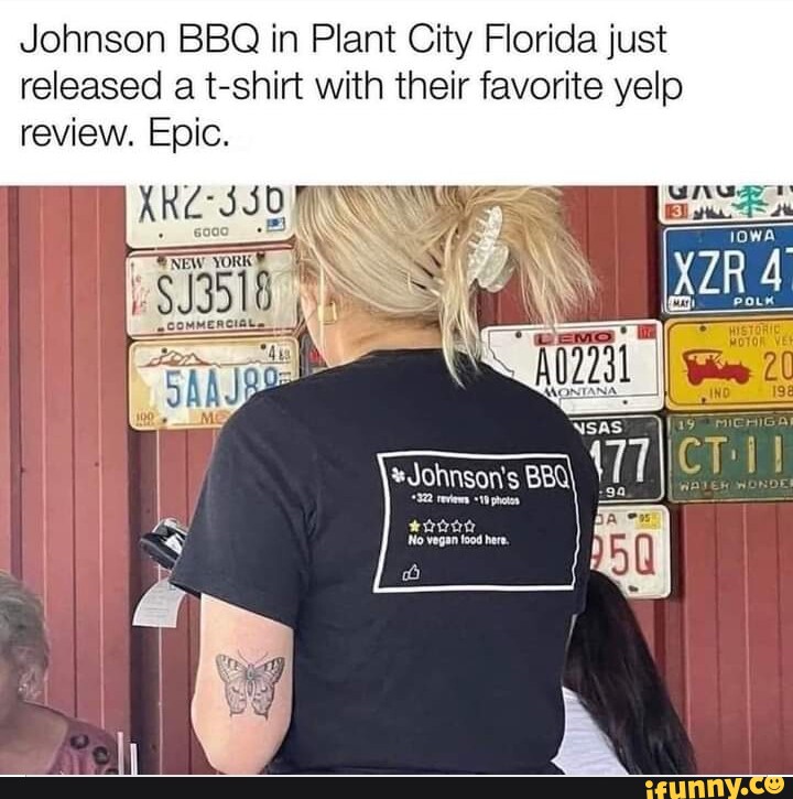 Johnson BBQ in Plant City Florida just released a t-shirt with their ...