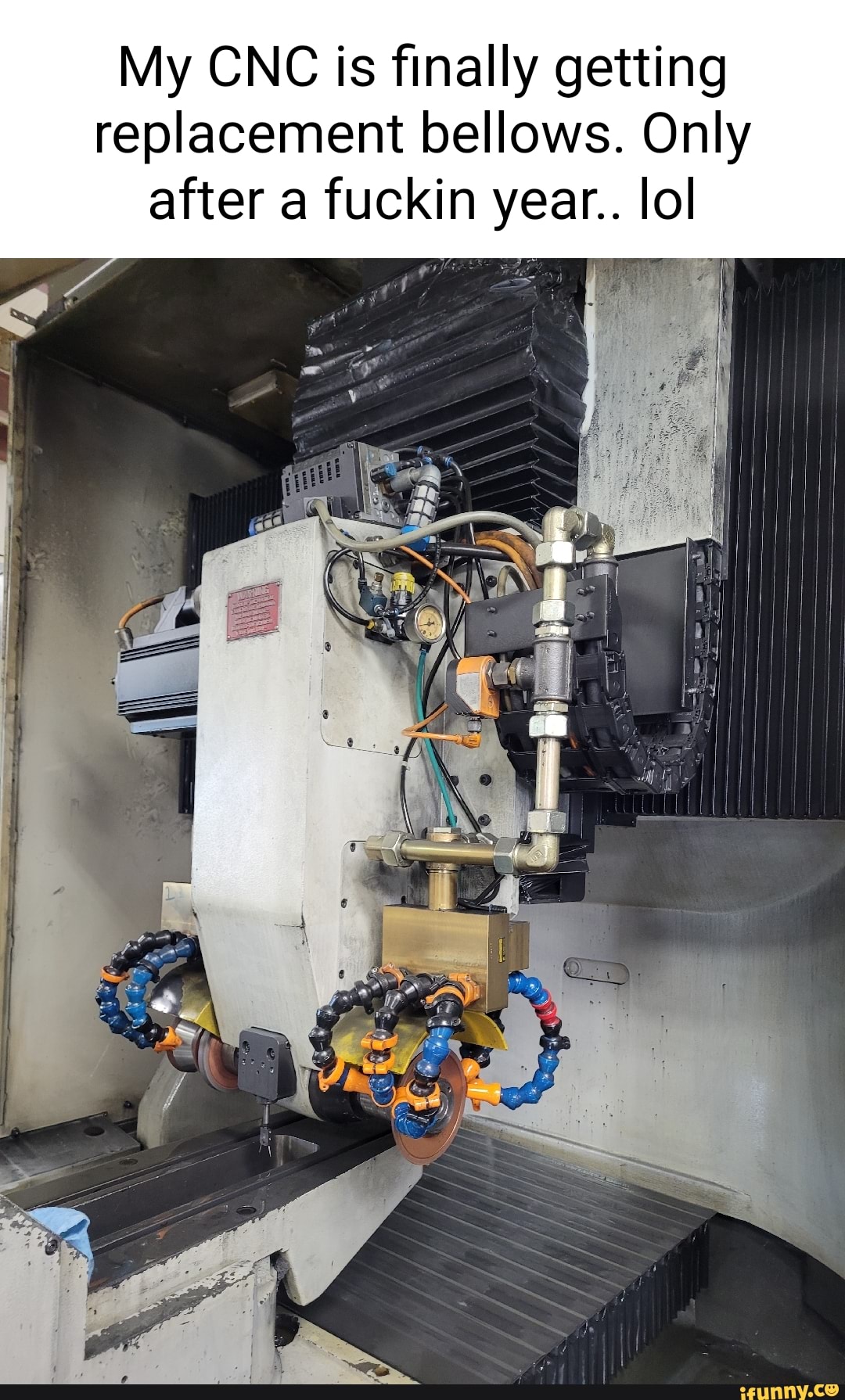 My CNC is finally getting replacement bellows. Only after a fuckin year ...