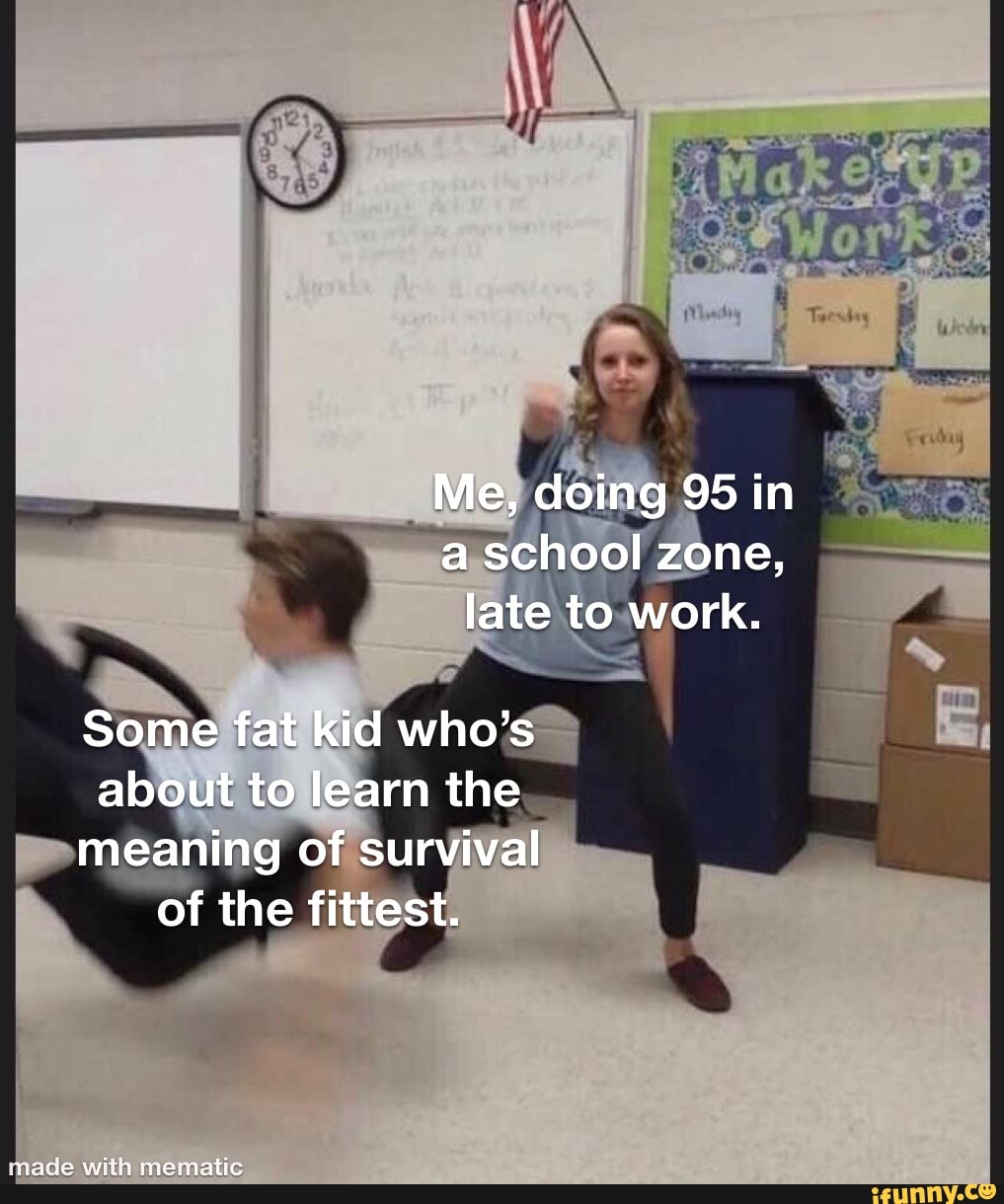 Me, doing 95 in a school zone, late to work. Some fat kid who's about ...