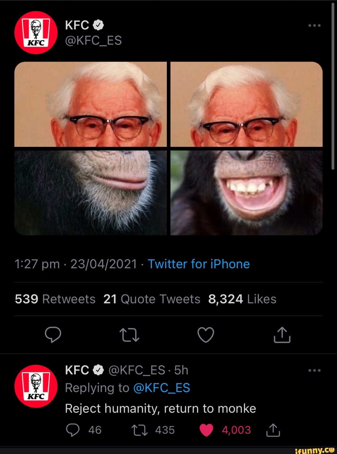 KFC @ @KFC_ES pm - Twitter for iPhone KFC @ @KFC_ES- Replying to @KFC ...