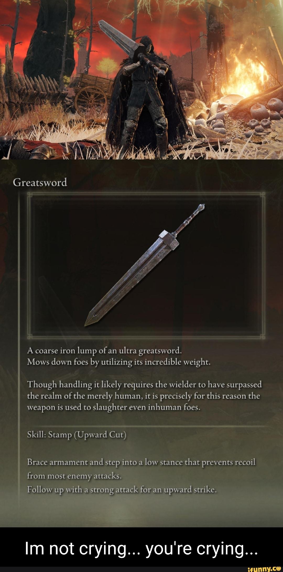 Greatsword A coarse iron lump of an ultra greatsword. Mows down foes by ...