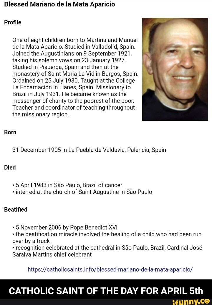 Blessed Mariano de la Meta Aparicio Profile One of eight children born ...