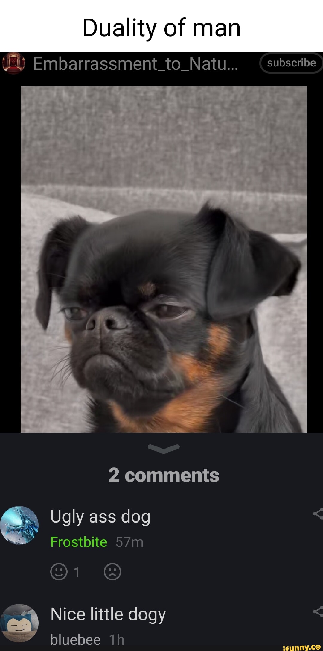 Duality of man Embarrassment_to_Natu... subscribe 2 comments Ugly ass dog Frostbite Nice little ...