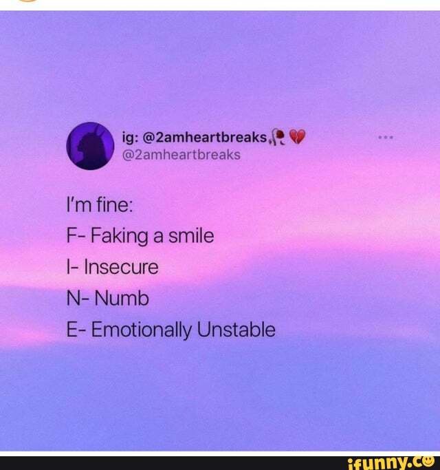 I'm fine: ig: F- Faking a smile I- Insecure N- Numb E- Emotionally ...