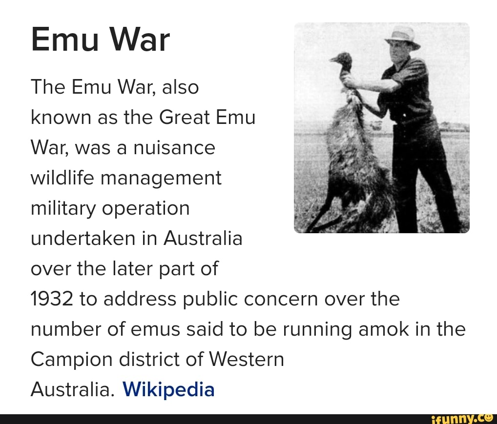 Emu War The Emu War, also known as the Great Emu War, was a nuisance ...