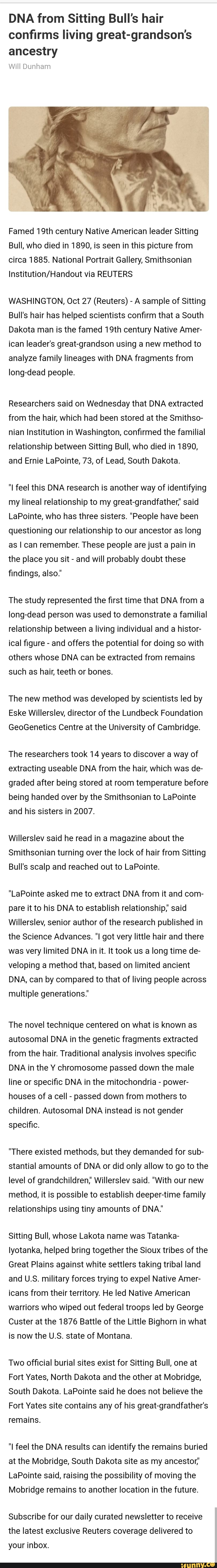 DNA from Sitting Bull's hair confirms living great-grandson's ancestry Will Dunham Famed 19th ...