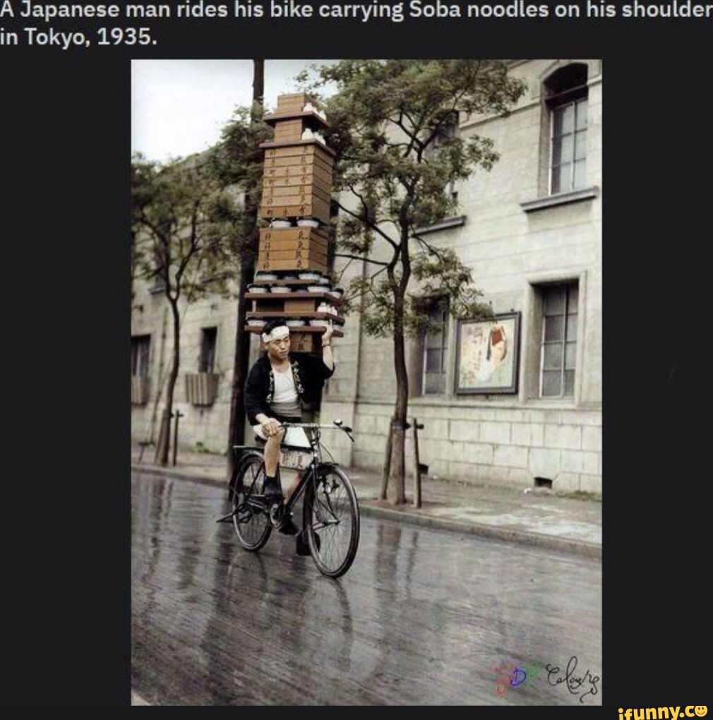 A Japanese man rides his bike carrying Soba noodles on his shoulder in ...
