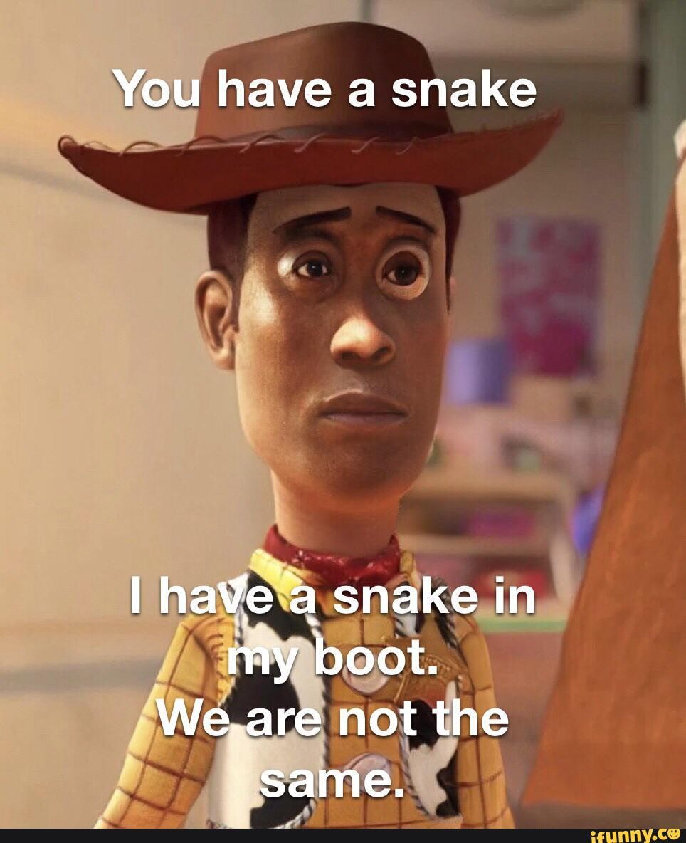 You have a snake I haVe a snake in my boot. We. .are not the same. - iFunny