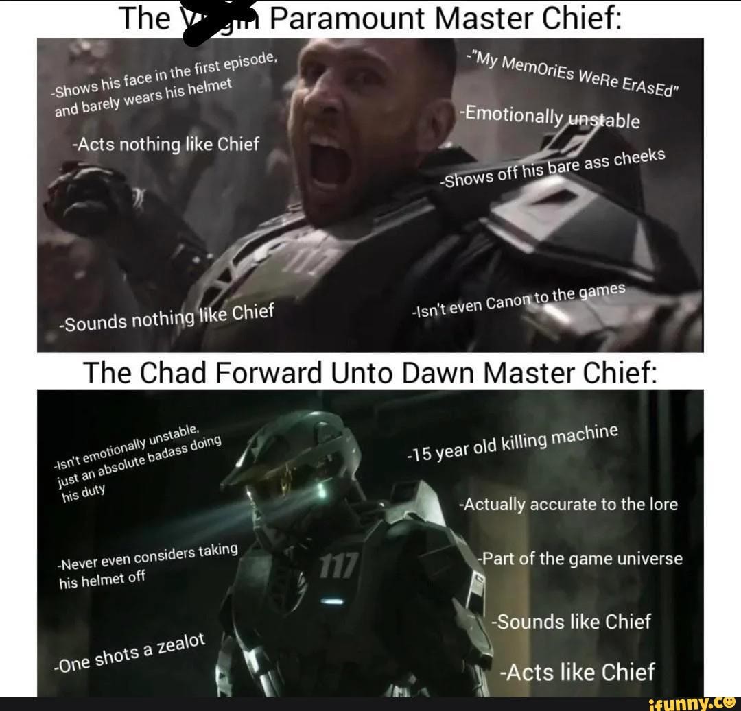 Master Chief: nthe first episode, shows his fac and parely We stis ...