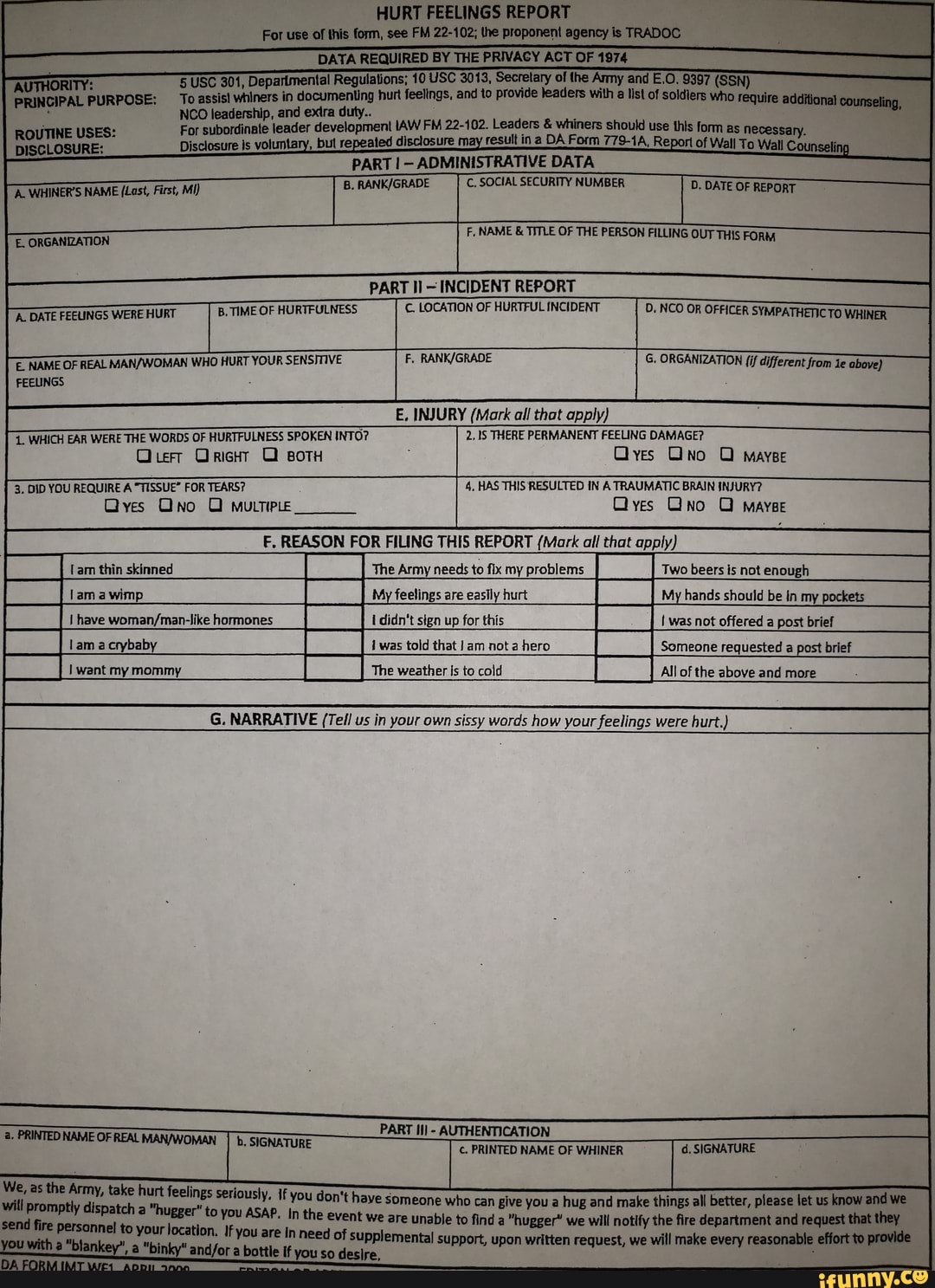 HURT FEELINGS REPORT For use of this form, see FM 22-102; the proponen ...