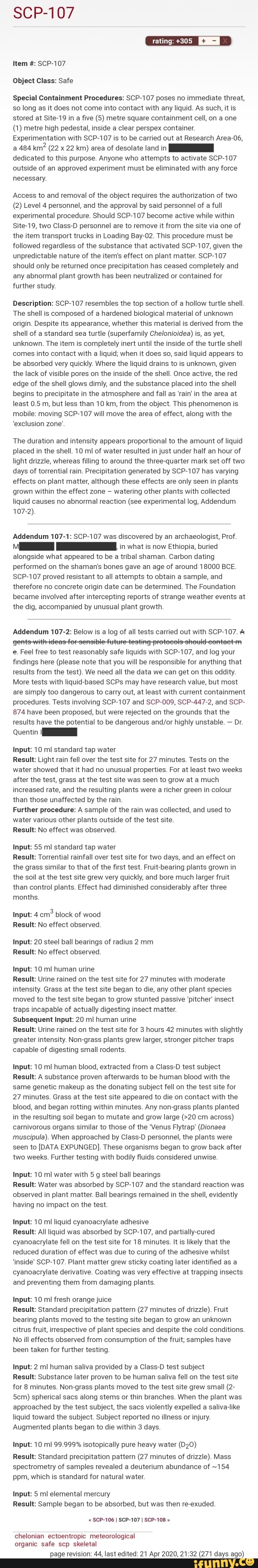 SCP-107 Item SCP-107 Object Class: Safe Special Containment Procedures ...
