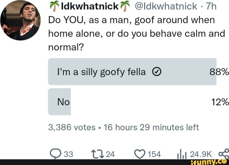 @ldkwhatnick Do YOU, as a man, goof around when home alone, or do you ...