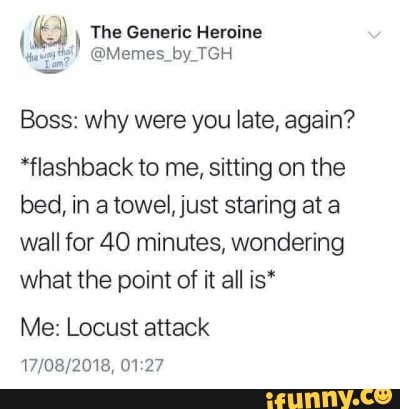 The Generic Heroine @Memes Boss: why were you late, again? *flashback ...