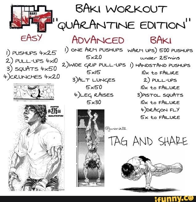 BAKI WORKOUT 3)ALT LUNGES 2) PULL-UPS 1) 3) SQUATS 4x50 - iFunny