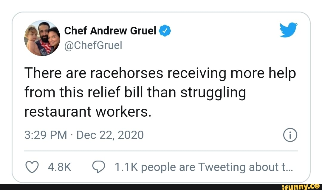 Chef Andrew Gruel @ @ChefGruel There are racehorses receiving more help ...