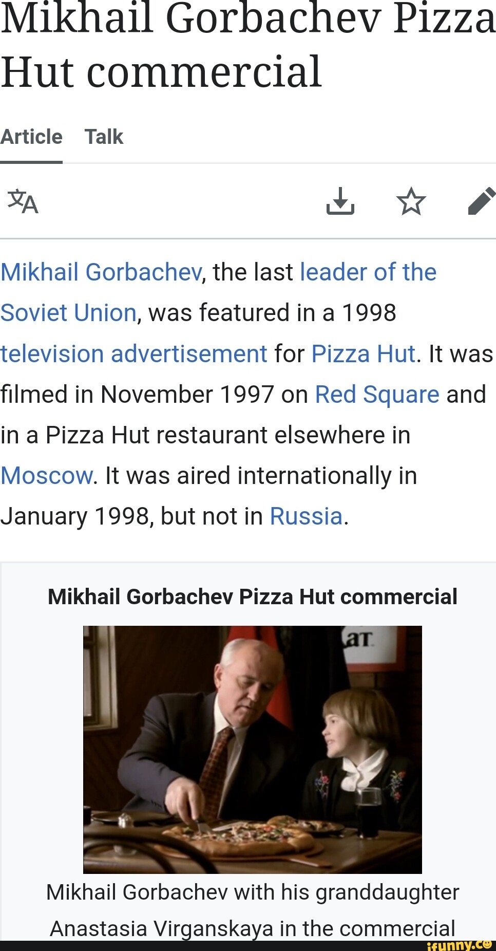 Mikhall Gorbachev Pizza Hut commercial Article Talk BIN ww & Mikhail ...