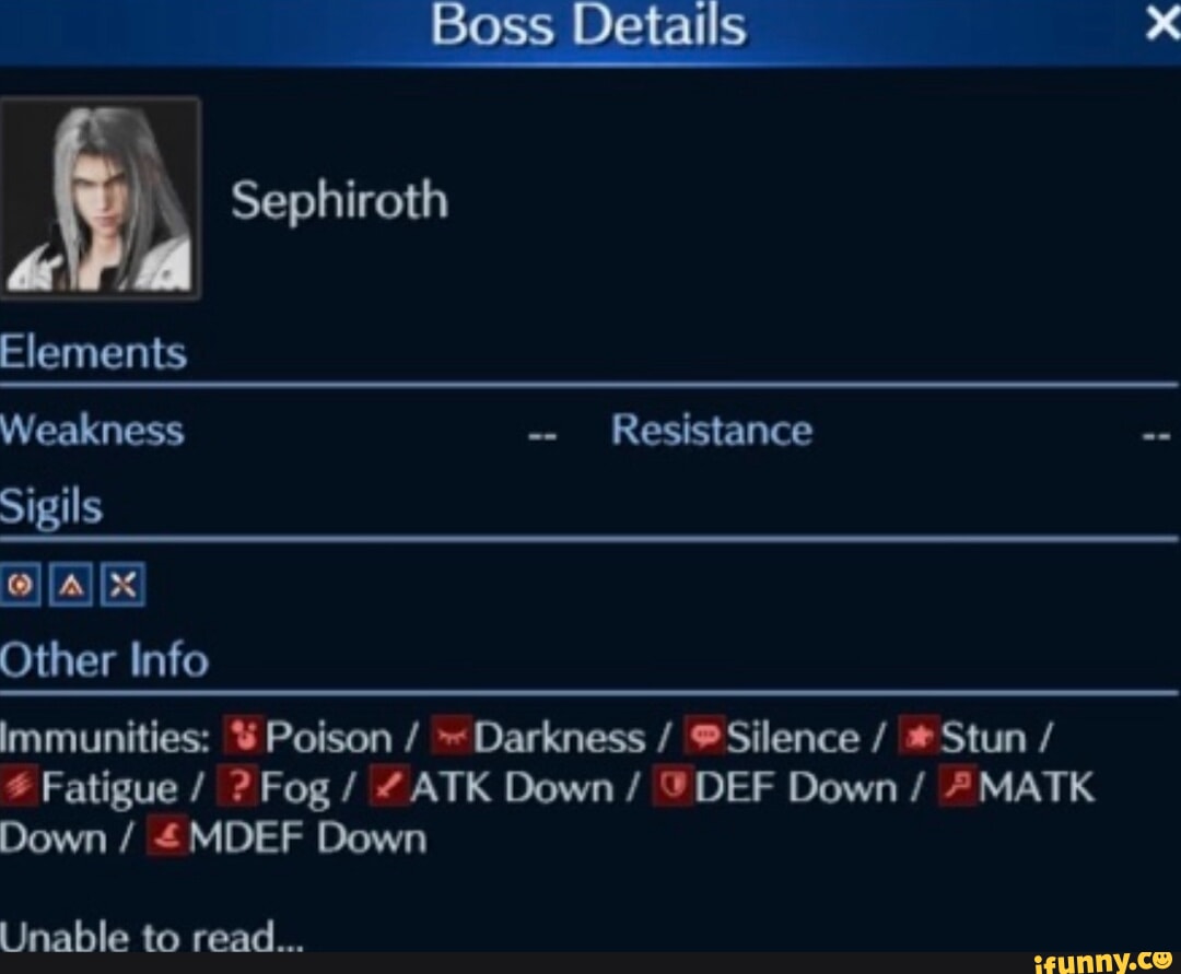 Boss Details I Sephiroth Elements Weakness Resistance Sigils Other Info ...