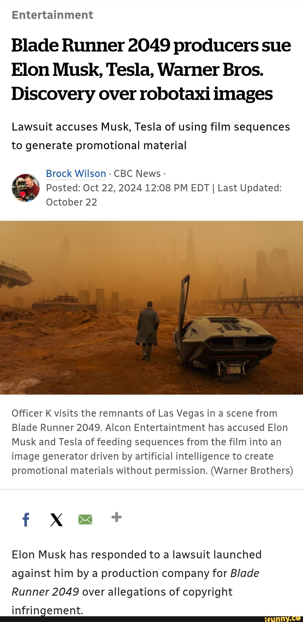 Entertainment Blade Runner 2049 producers sue Elon Musk, Tesla, Warner ...