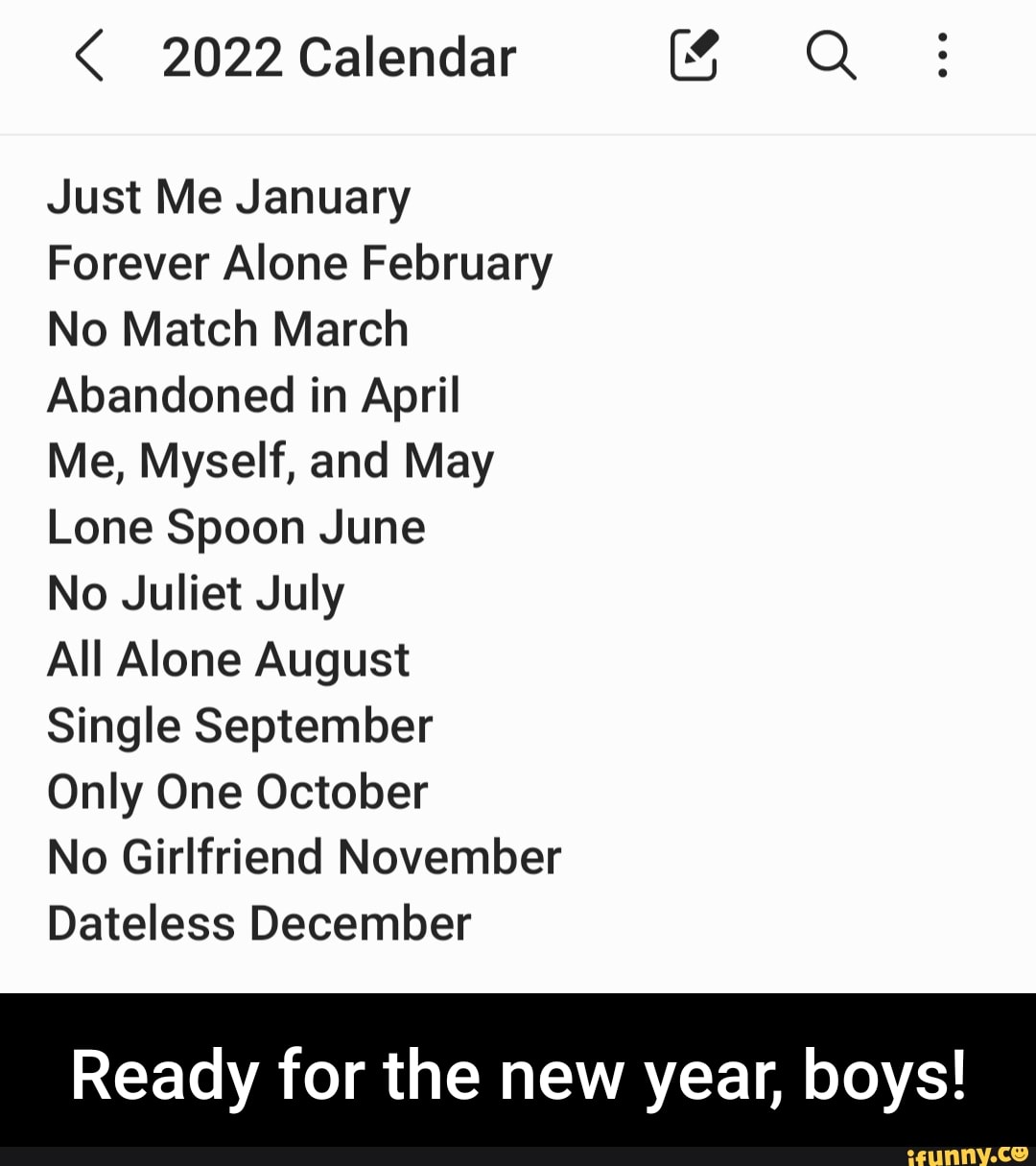 2022 Calendar Q Just Me January Forever Alone February No Match March ...