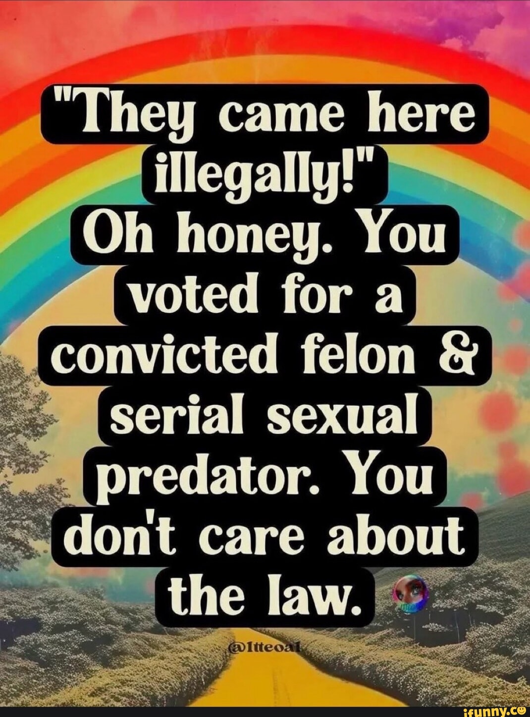 "They came here illegally!" Oh honey. You voted for a convicted felon ...